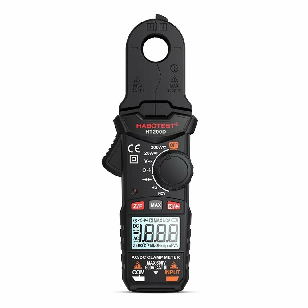 HABOTEST HT200D цифровые токоизмерительные клещи 2000 отсчетов True RMS NCV 600V напряжение 200A DC/AC ток цифровой мультиметр может измерять сопротивление конденсатор частота непрерывность диод тест
