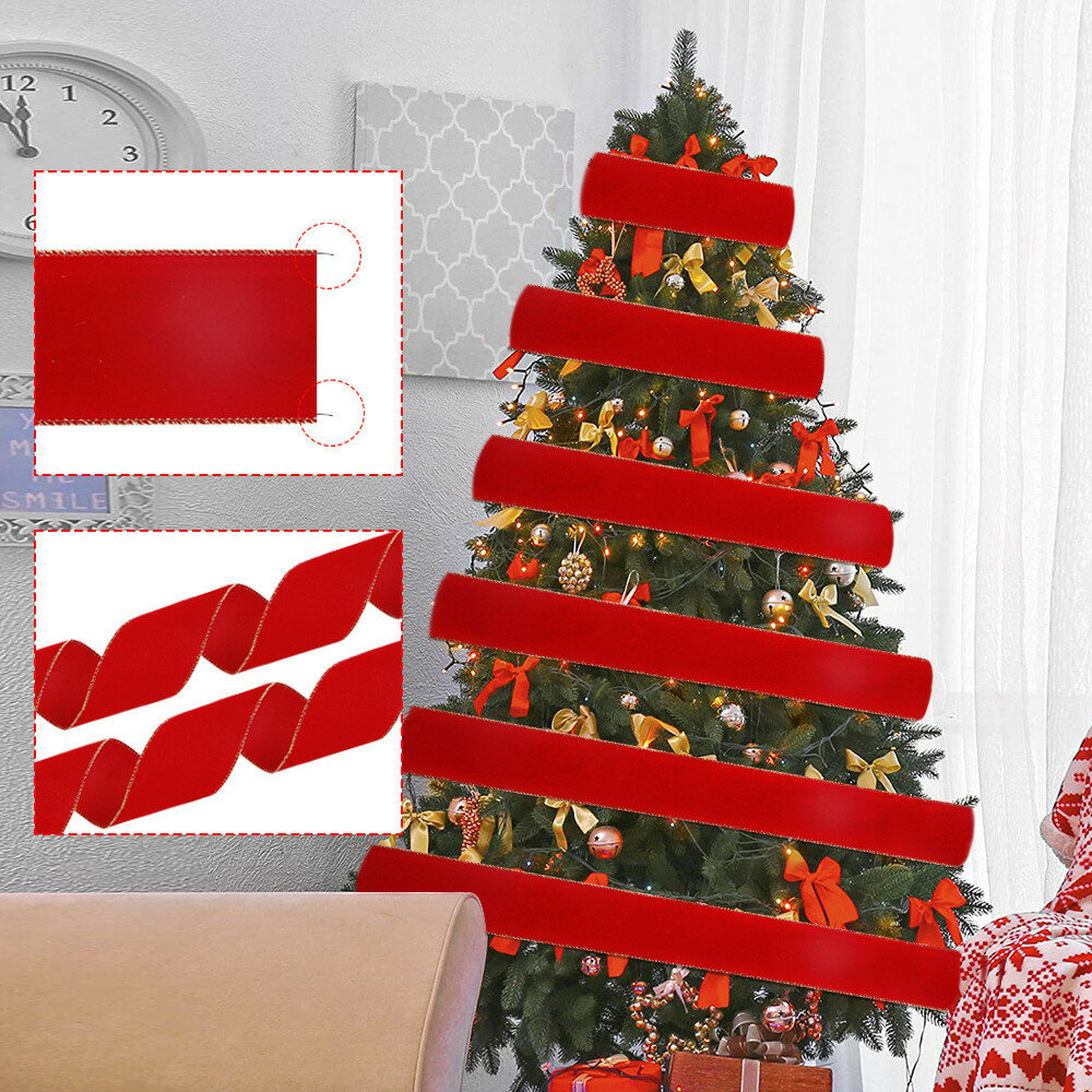 Качественная рождественская бархатная лента длиной 10 метров в насыщенном красном цвете с золотыми украшениями