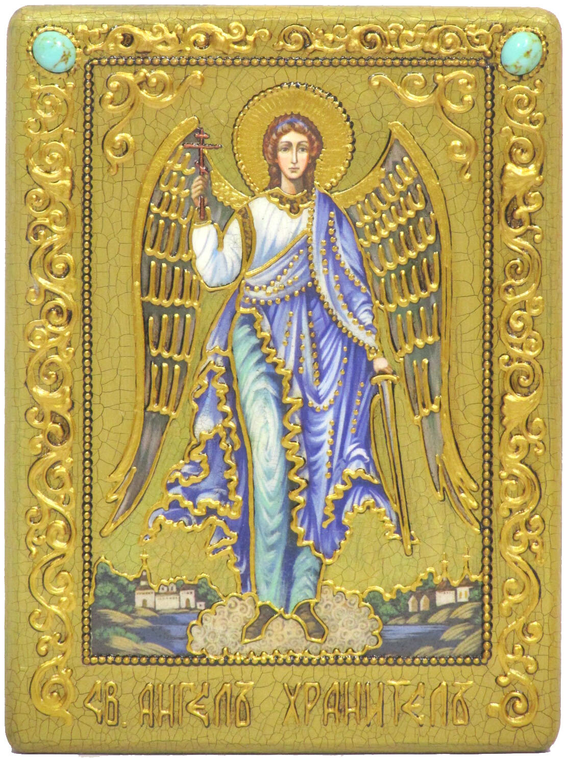 Подарочная икона Ангел Хранитель ростовой на доске из черного дуба 15х20 см