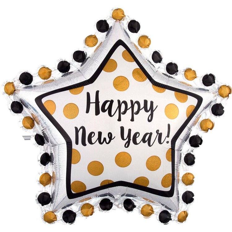Воздушный шарик Anagram фигура, Happy New Year, звезда, горох, золото, голографический