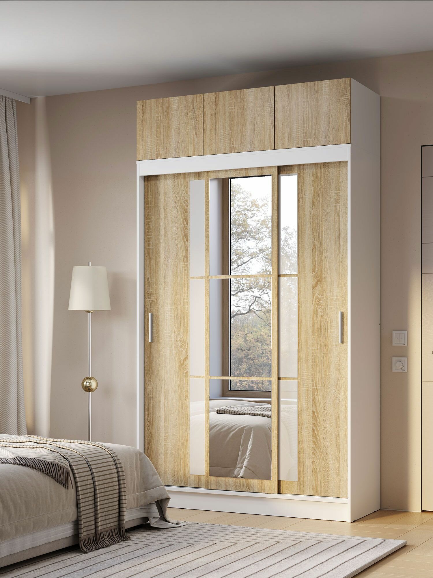 Шкаф-купе для одежды и хранения вещей Браво, с зеркалом, с полками, со штангой, с антресолью, 131х50х235 см Дуб Сонома / Белый