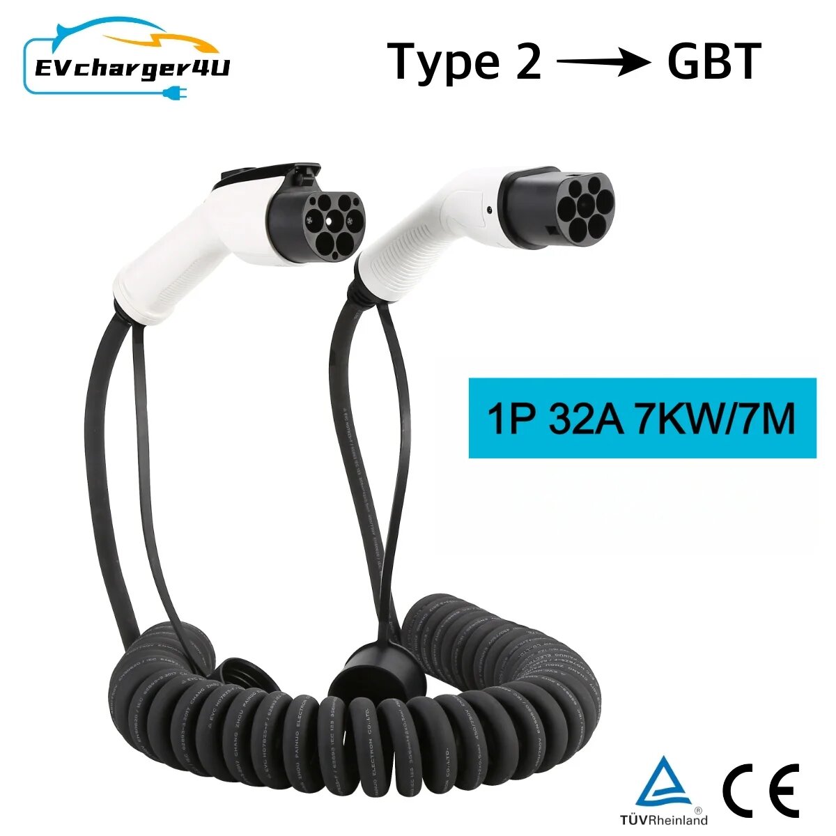 EVcharger4U IEC62196 Тип 2 к GBT Спиральный кабель для зарядки электромобилей 1 фаза/3 фазы 32A 5 м/7 м Тип 2 ГБ/Т Спиральный кабель EVSE для китайских электромобилей 1P 32A 7KW 7M