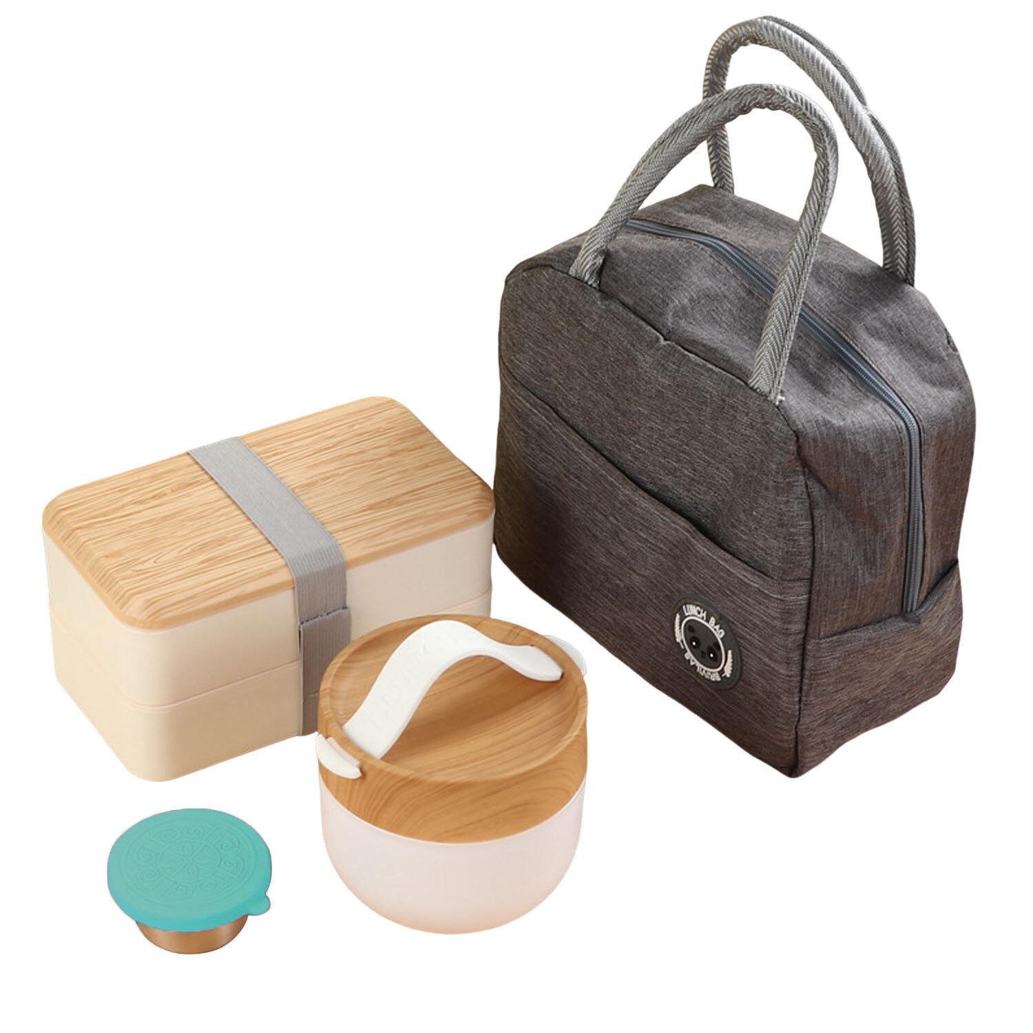 Двухслойная ланч-бокс, Бамбуковая крышка, Деревянная текстура, Для студентов и офисных работников, Могут помещаться в микроволновку, Большая вместимость, Контейнер для хранения свежести, Материал ланч-бокса: ПП /420г, Сумка: Полиэстер /100г, Размер