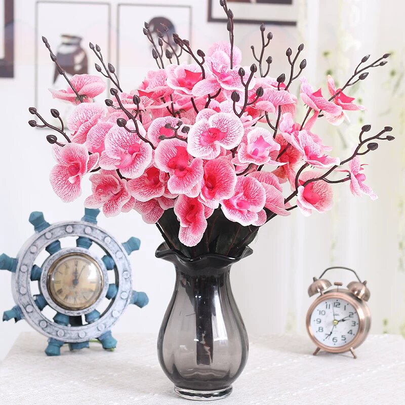 Искусственный букет в стеклянной вазе с 4 цветами новой бабочки орхидеи розового оттенка для дома