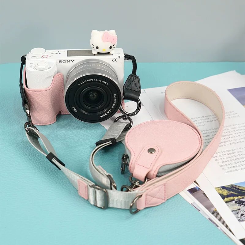 Sony ZV-E10 II Защитное кожаное основание для камеры розовый цвет с ремнем V303 и держателем карт