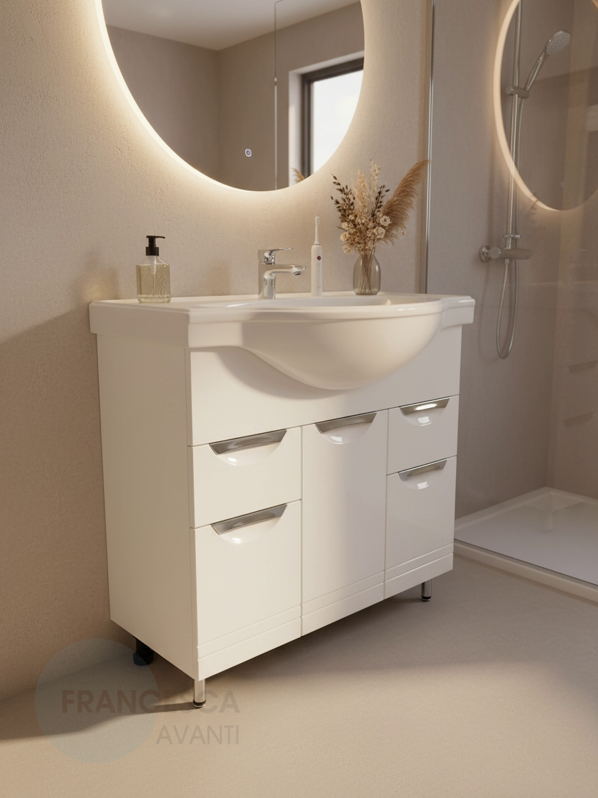 Тумба с раковиной для ванной Доминго 90 белый, с подсветкой (2ящ+3дв. ум. Classic 90)