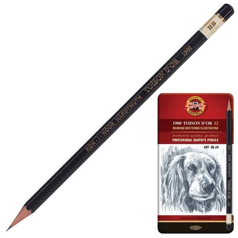 Карандаши чернографитные KOH-I-NOOR "Toison D'or", набор 12 шт, 8B-2H, металлическая коробка, 1912012001PL, 1912012001PLRU