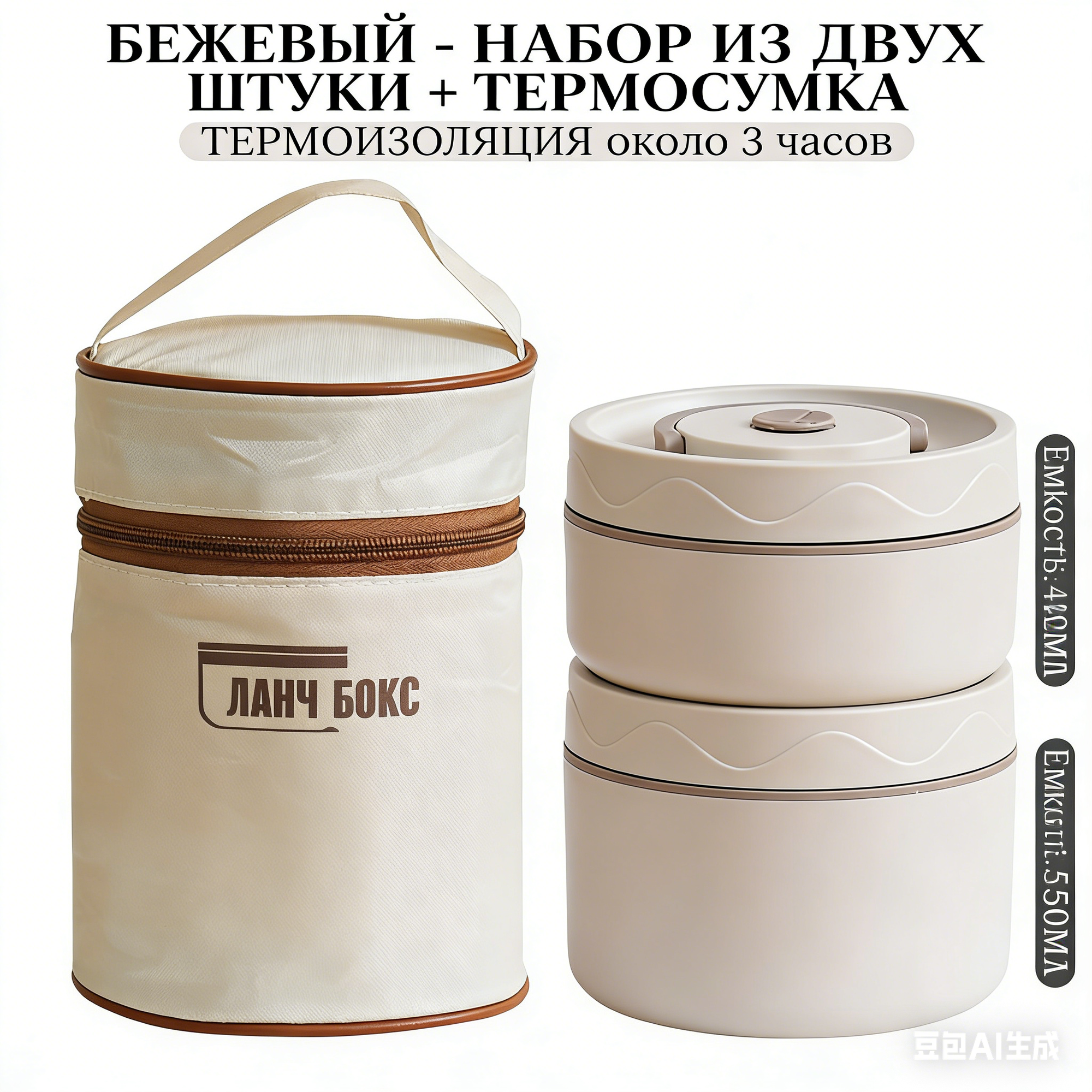 Практичный изолированный ланч-бокс, двухслойный, из пищевой нержавеющей стали, белый