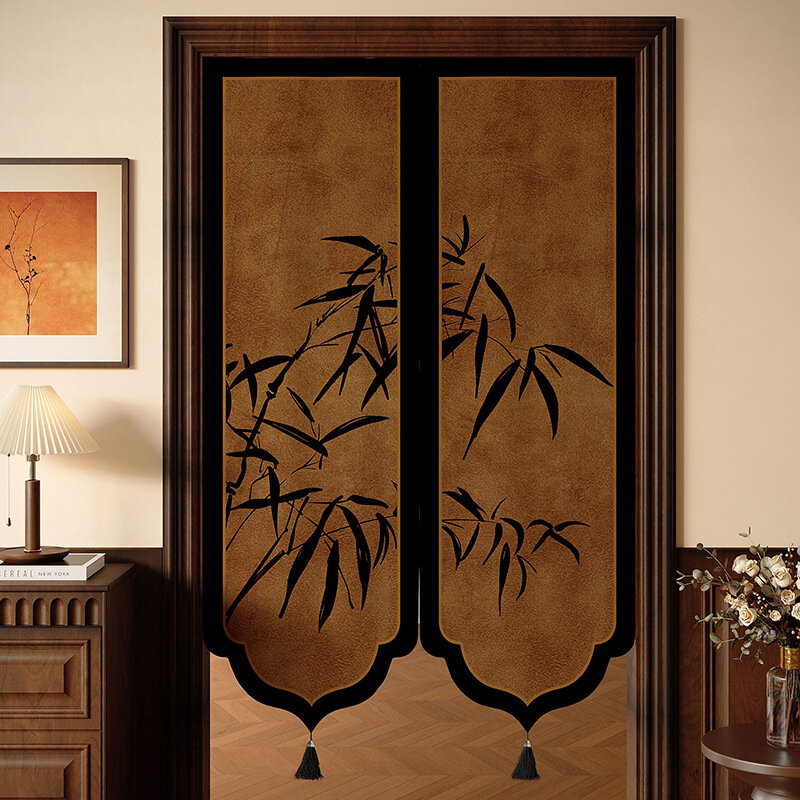 Занавеска для двери в новом китайском стиле, секционная с карнизом, без сверления, с принтом бамбукового птичьего стиля, перегородка