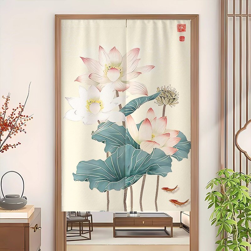 Китайский стиль занавески для двери в виде лотоса, занавеска для ванной, занавеска для туалета, лотос, без сверления, полузанавеска, фэн-шуй, блокирующая занавеска, полузанавеска