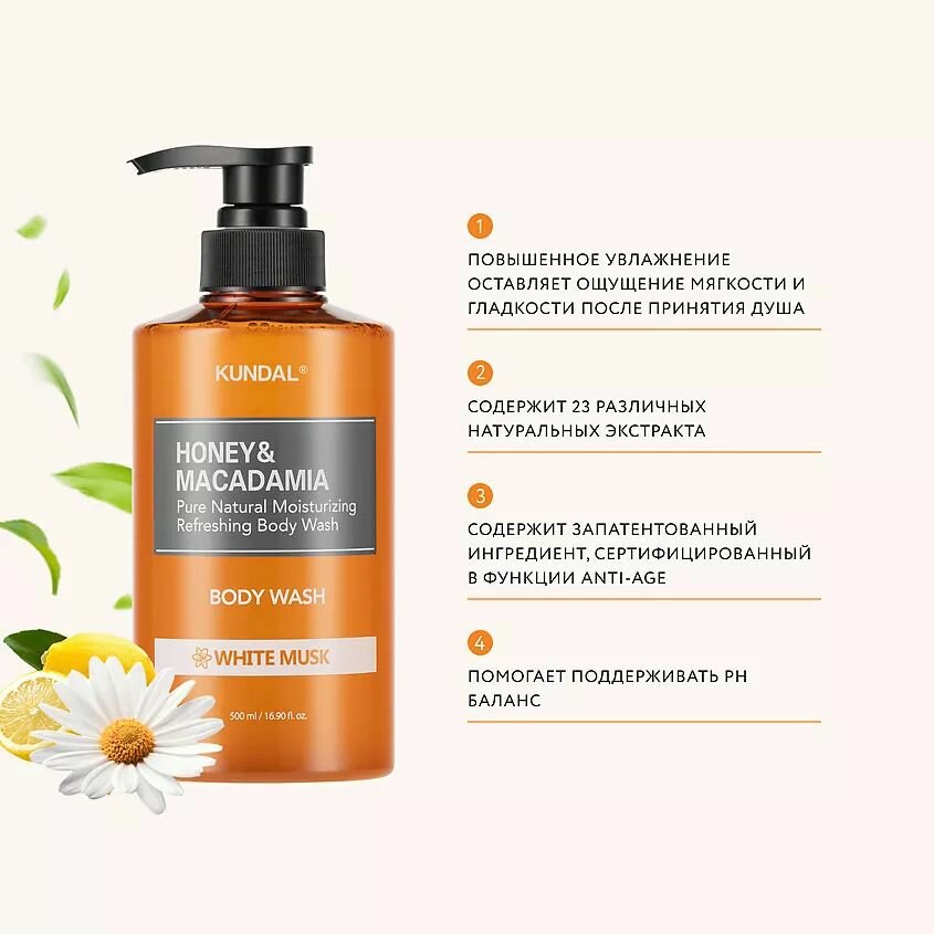 KUNDAL Гель для душа Белый мускус Honey & Macadamia Body Wash, 500 мл