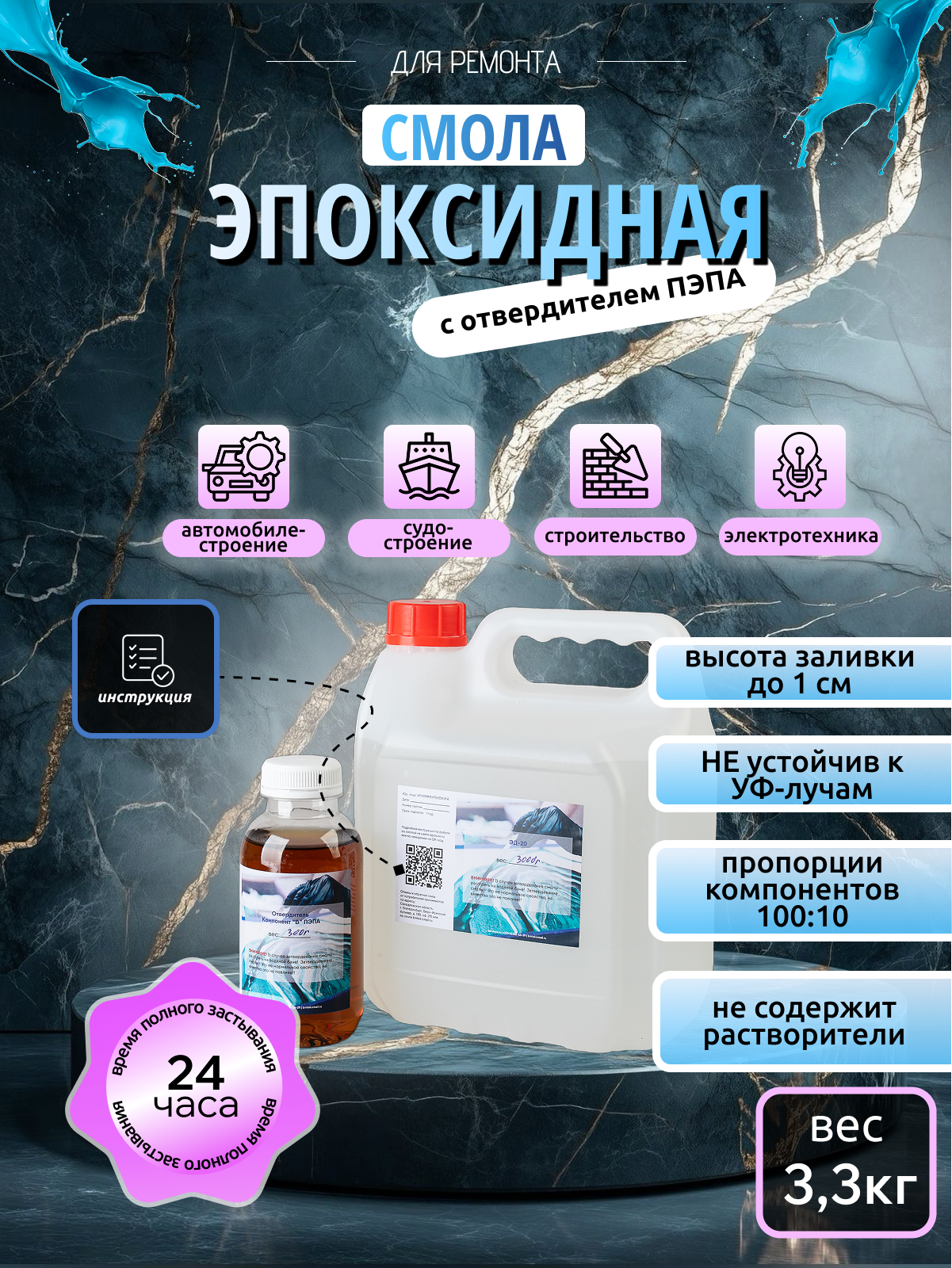Эпоксидная смола для ремонта, склеивания ЭД-20 с отвердителем пэпа, 3300 гр