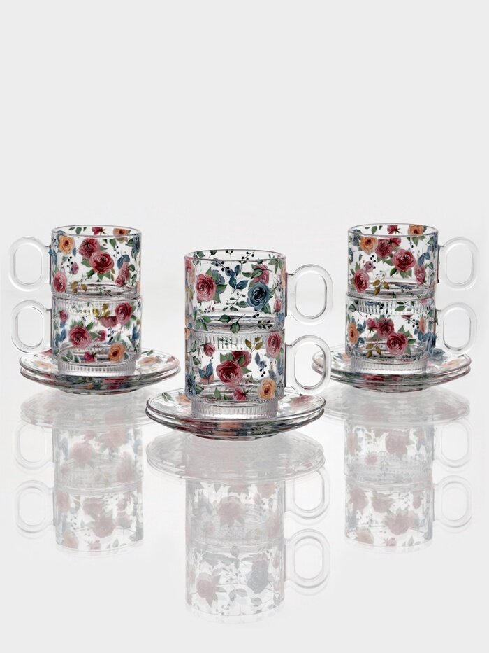 Чайный набор «Убранство», 12 предметов: 6 чашек 200 мл, 6 блюдец, с рисунком, стекло, прозрачный