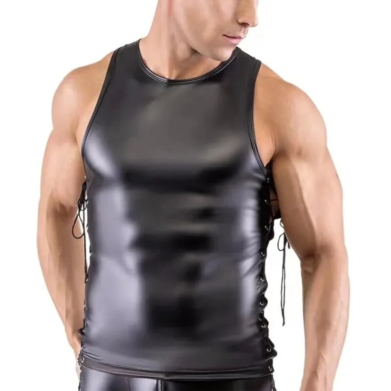 MOONBIFFY Мужские сексуальные черные жилеты и шорты из лакированной кожи М, top