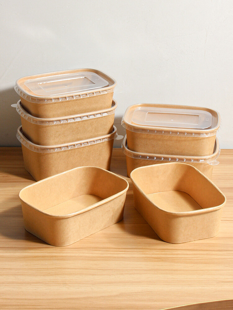 Одноразовая ланч-бокс из крафт-бумаги, прямоугольная упаковка для еды на вынос, утолщенная с крышкой, экологичная бенто-салатница