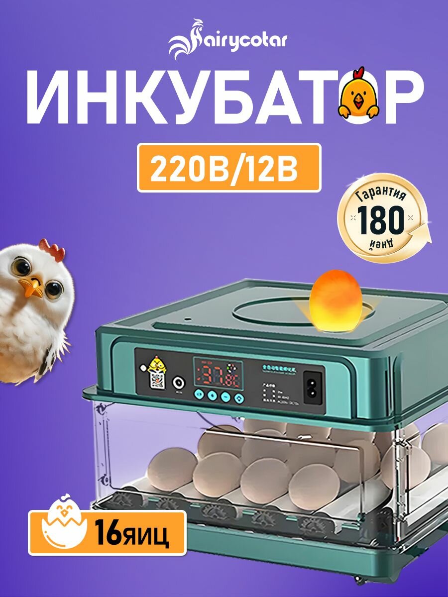 16 инкубатор для яиц автоматический, Регулирование температуры и влажности, овоскопом, автоповоротом, 220/12V, двойной источник питания яичный инкубатор автоповорот овоскоп двойное питание