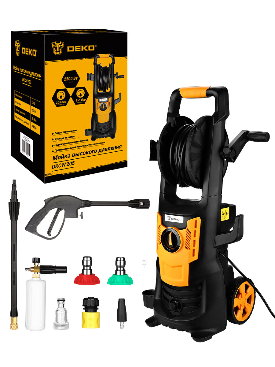 Мойка высокого давления DEKO "DKCW205", 2400Вт, 205бар, 460л/ч, 5м кабель, 8м шланг