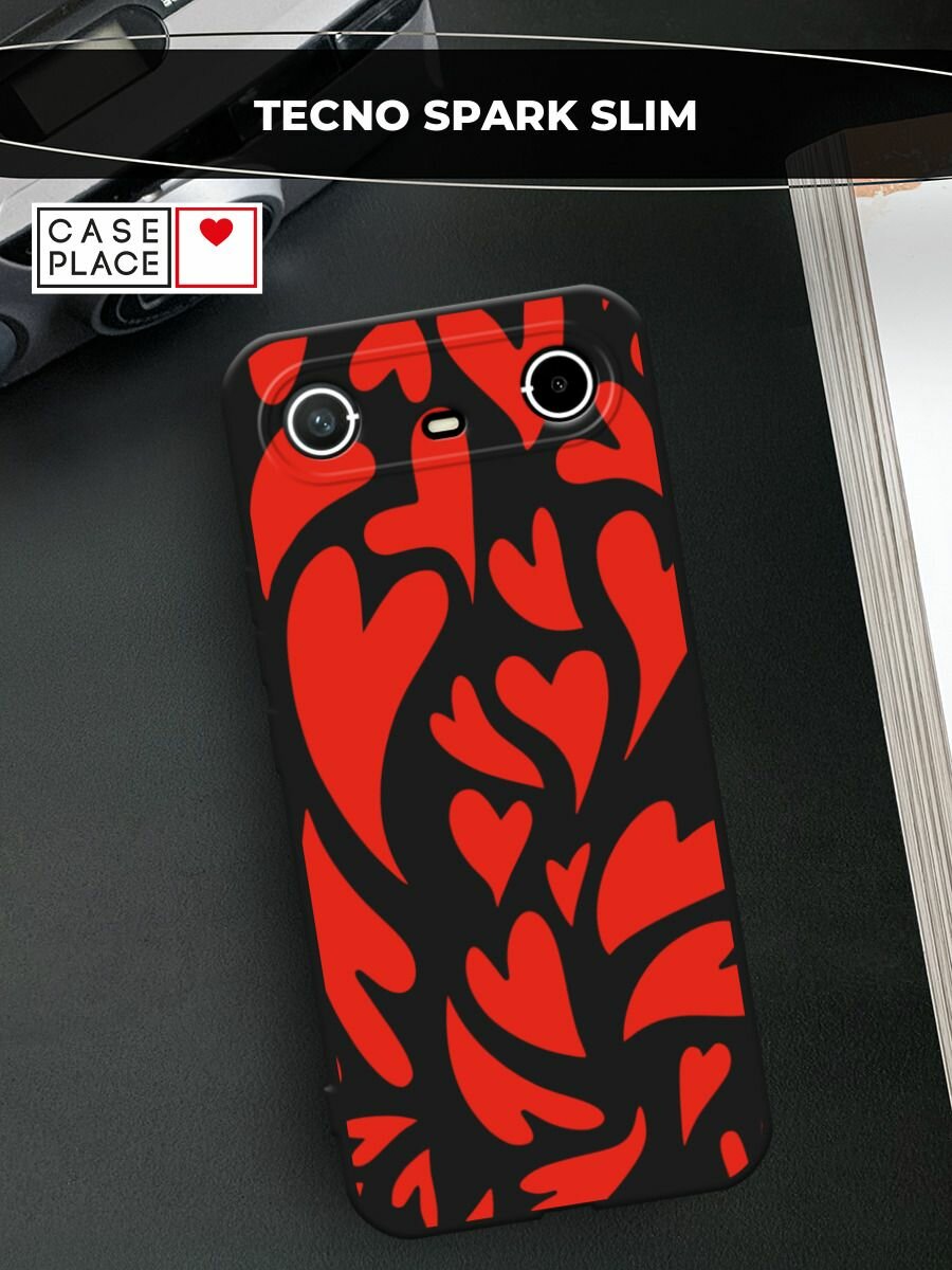 Черный матовый чехол на Tecno Spark Slim / Текно Спарк Слим с принтом Crazy hearts 2