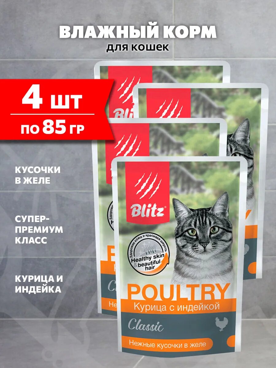 Корм влажный Blitz Classic для взрослых кошек, курица и индейка в желе, 85 г х 4 шт