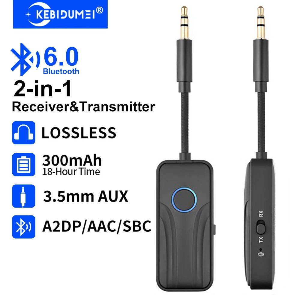 KEBIDUMEI Bluetooth 6.0 2-в-1 аудиопередатчик/приемник 3.5 мм