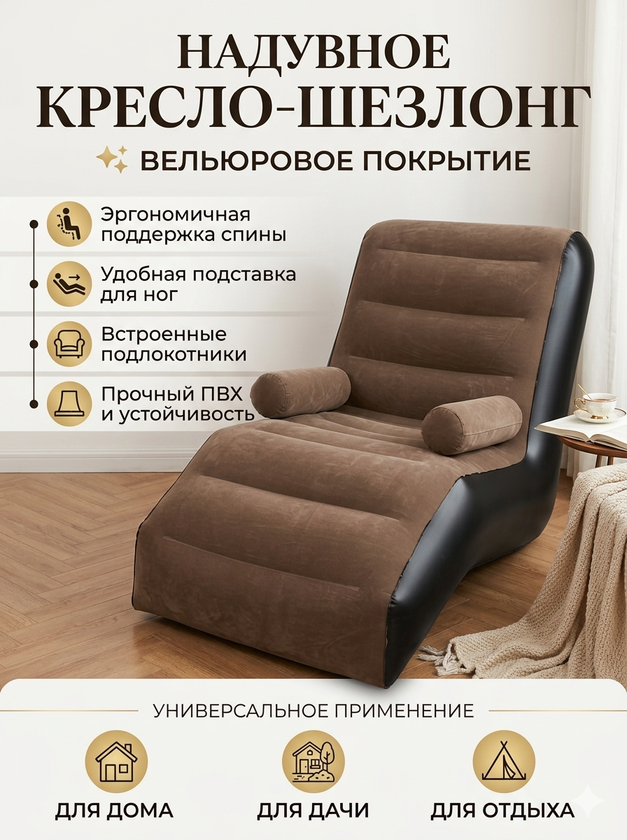Кресло надувное одноместное с подставкой для ног, ПВХ с флокированным покрытием, 140×85×80 см, коричневое