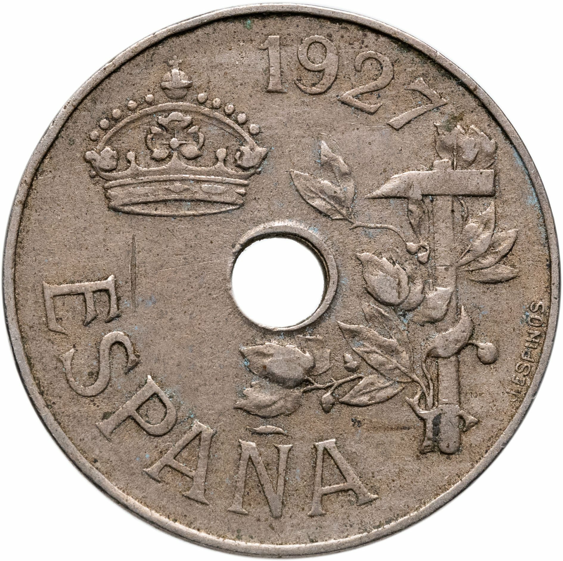 Испания 25 сентимо centimos 1927, Мельхиор медь-никель, в сохранности VF-XF