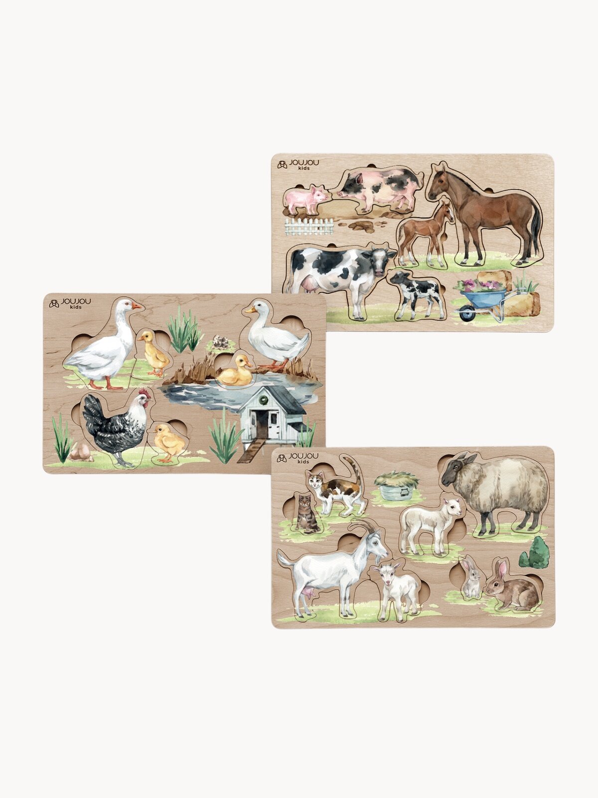 Развивающая игрушка Монтессори, набор деревянных пазлов для малышей Joujou kids "Животные: мама и детеныши", 3 рамки-вкладыша, от 1 года до 5 лет