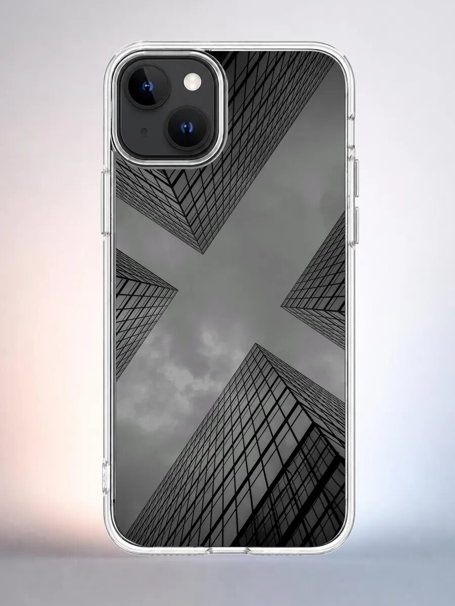 Чехол iPhone 13 небоскрёбы крест облака силиконовый