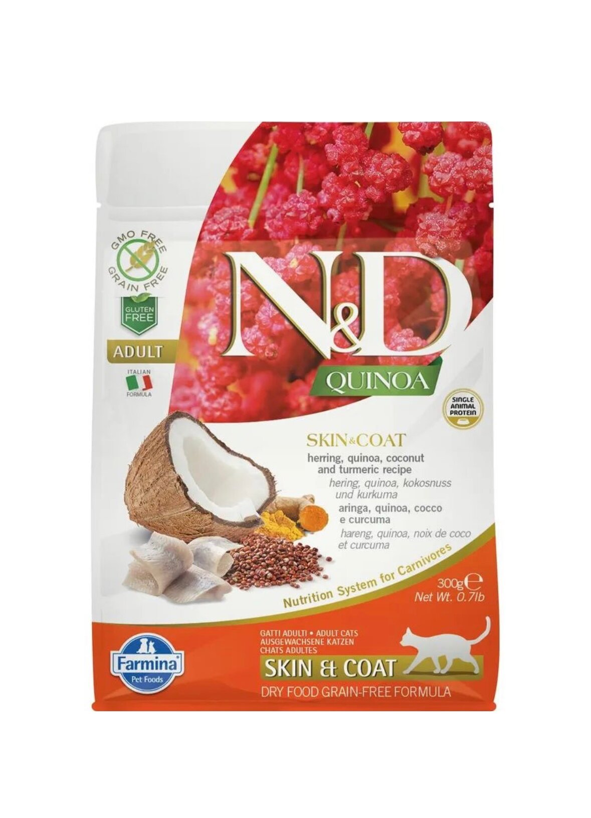 Сухой корм Farmina ND Cat GF Quinoa Skin-Coat Herring для взрослых кошек с сельдью, уход за кожей и шерстью, 300г