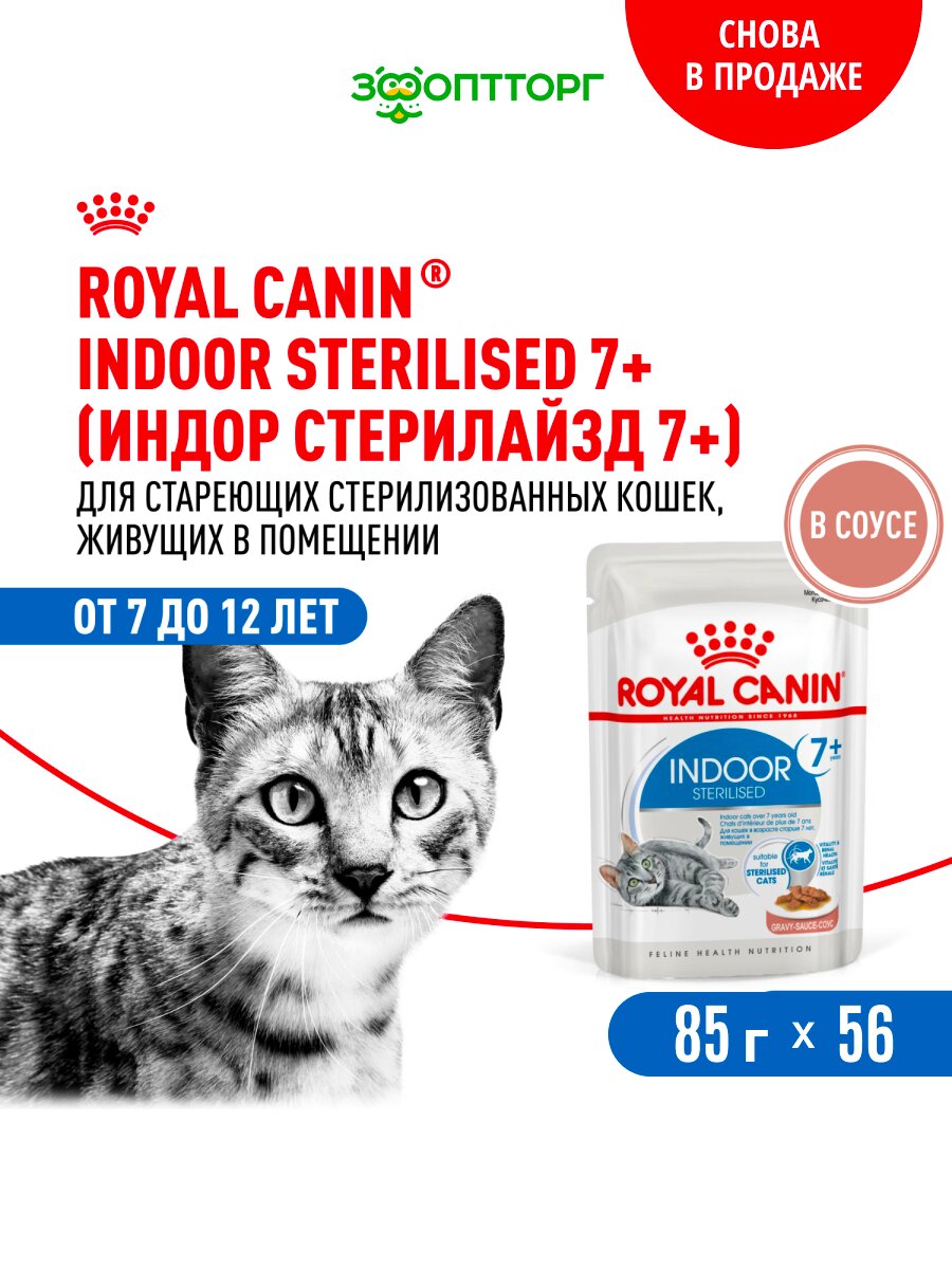 Влажный корм Royal Canin Indoor +7 пауч для домашних кошек старше 7 лет (кусочки в соусе) Птица, 85 г х 56 шт.