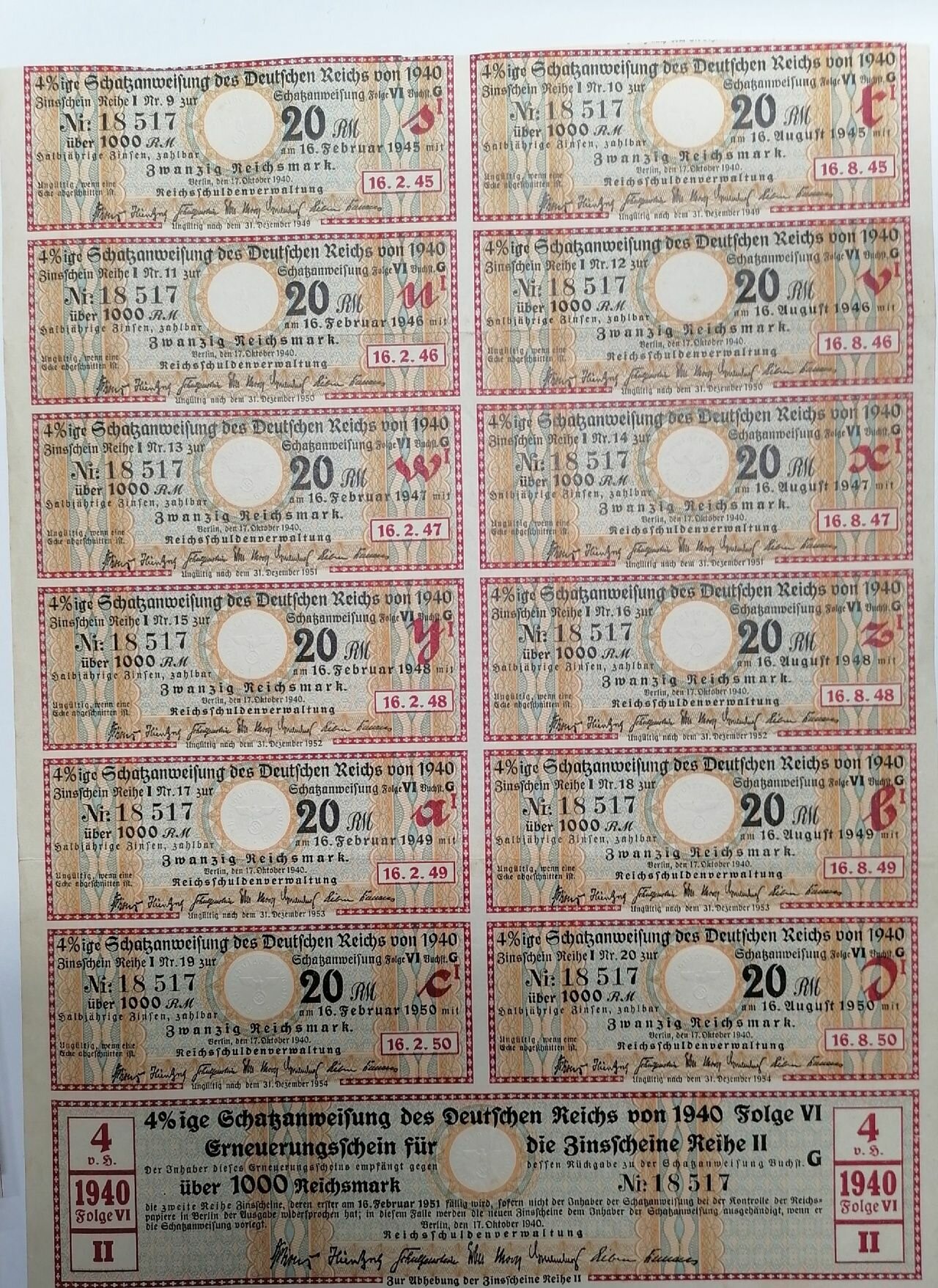 Германия 1000 рейхсмарок с 12 купонами 1940 года