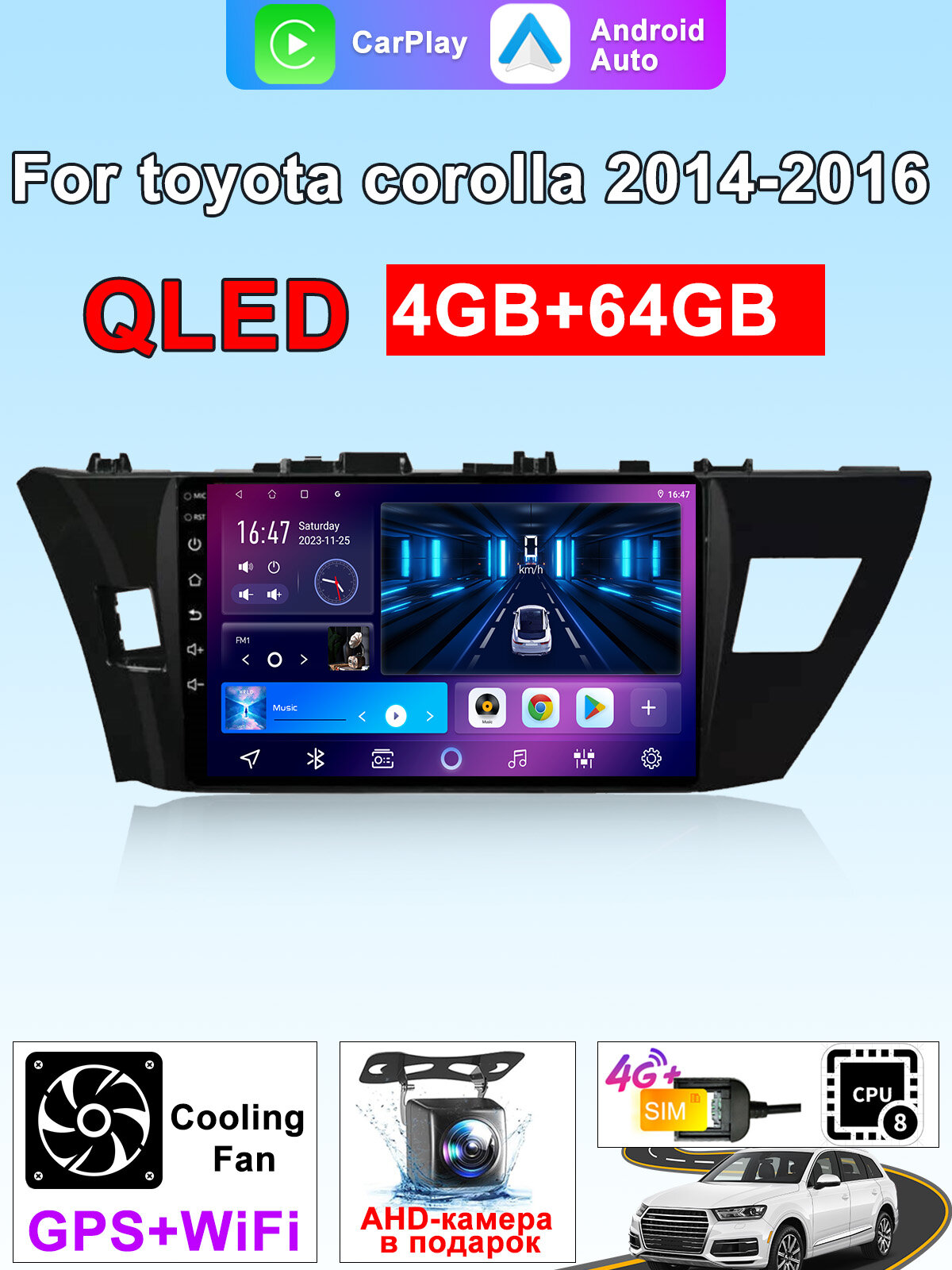 X-REAKO Автомагнитола Android подходит для TOYOTA COROLLA 2013, GPS, carplay/Android Auto, WiFi, Bluetooth
