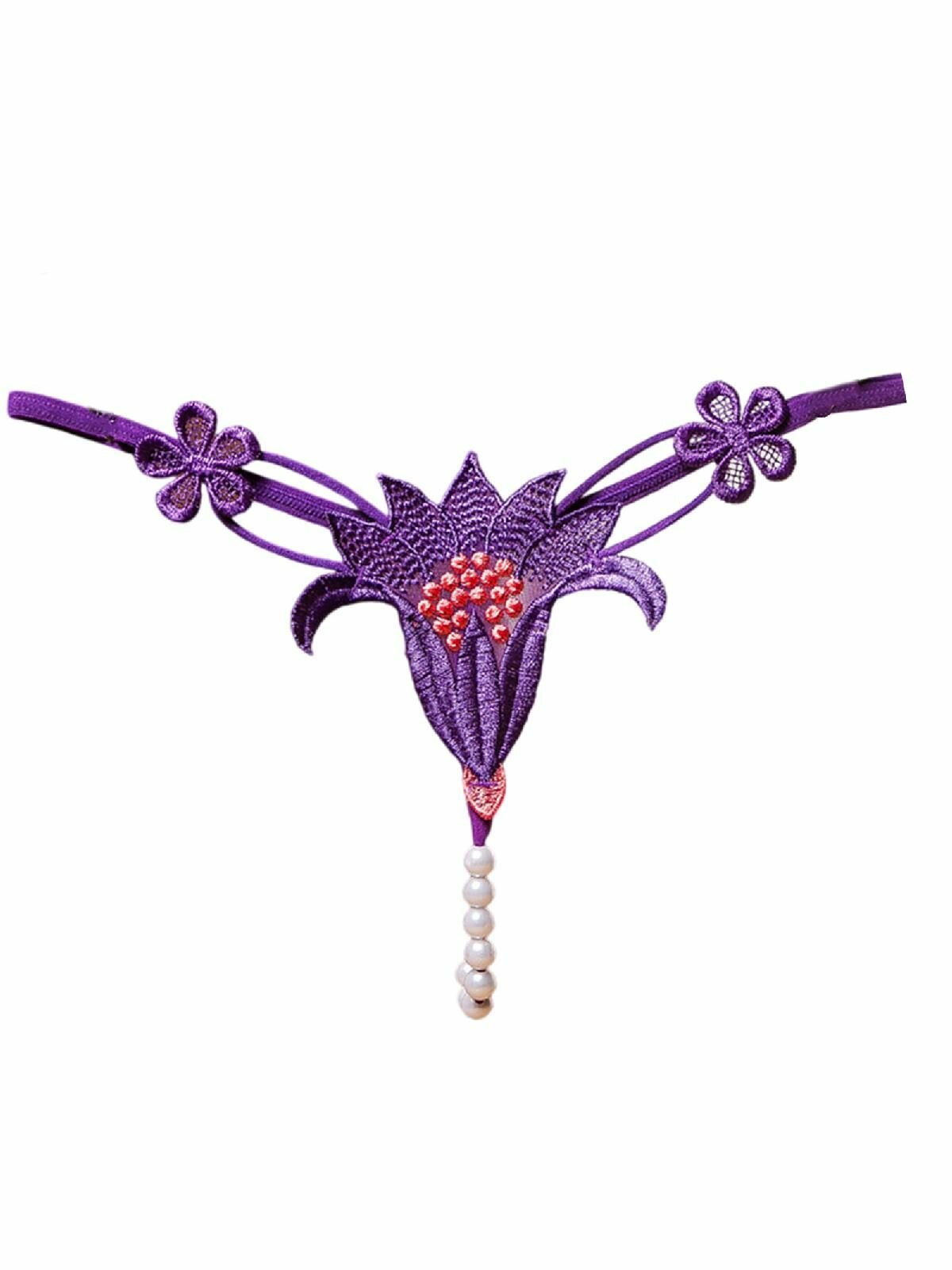 Жемчужные стринги с вышивкой, Фиолетовый