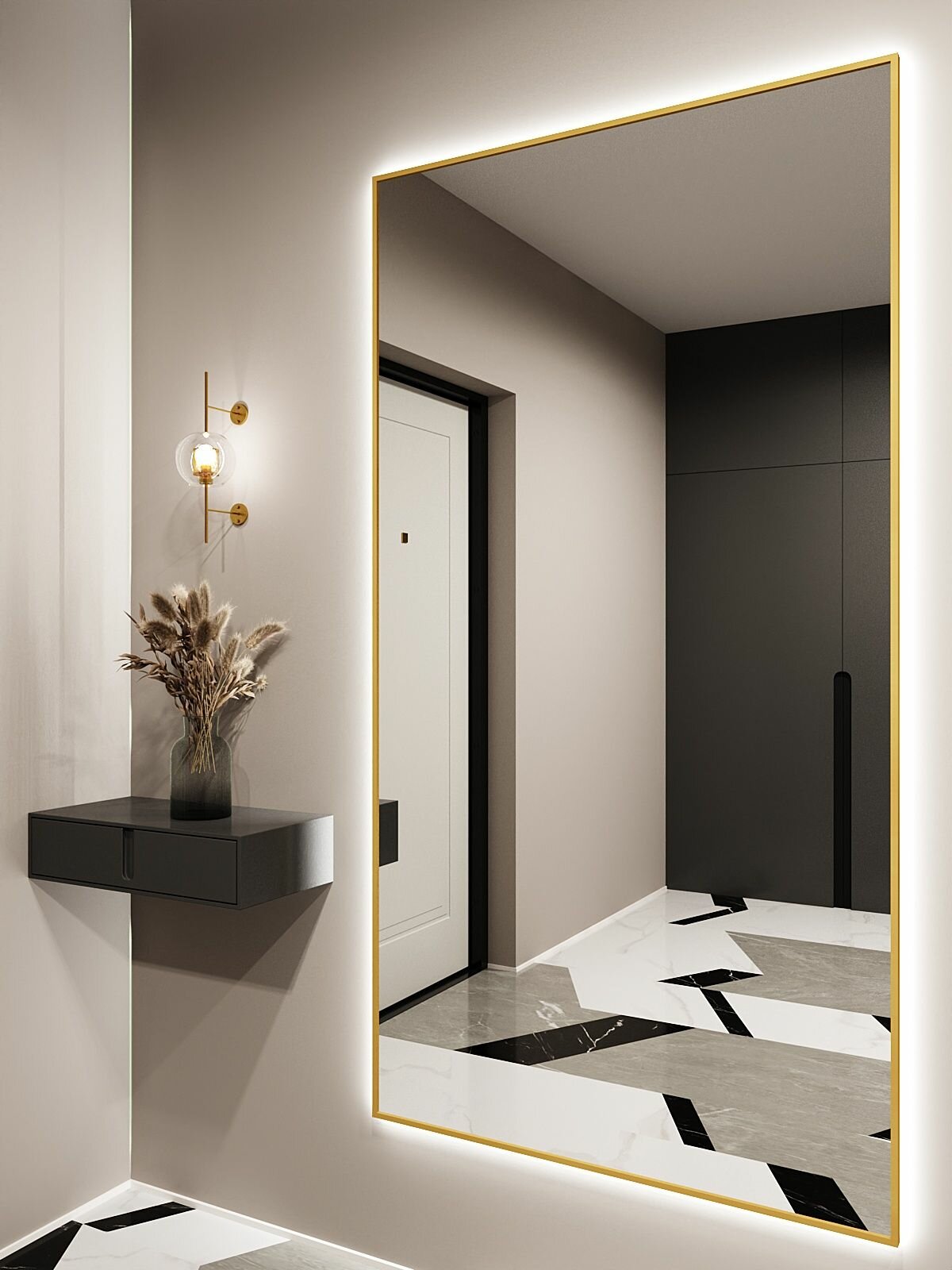 Зеркало настенное 170х90 см. BLX MIRROR с подсветкой в алюминиевой раме. Свет: Холодный белый 6000К, Золото