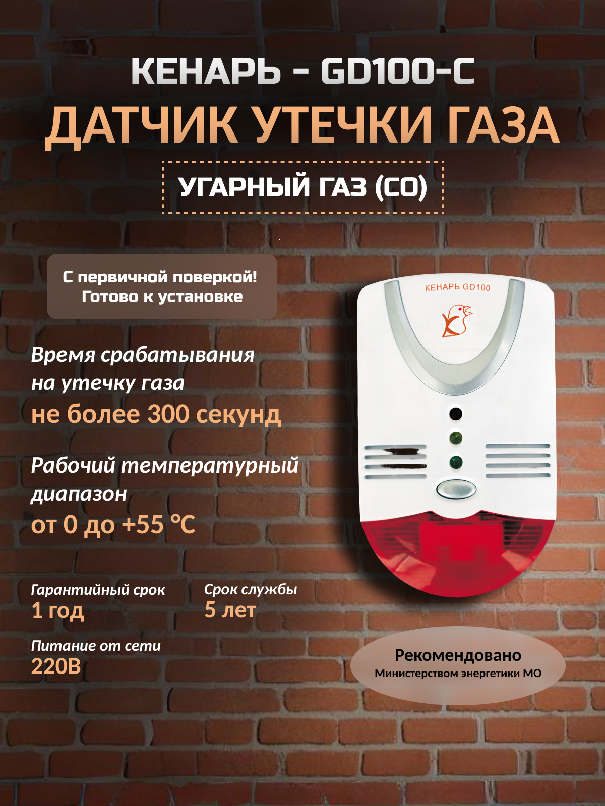Датчик сигнализатор утечки газа Кенарь GD100-C угарный газ, настенный, проводной