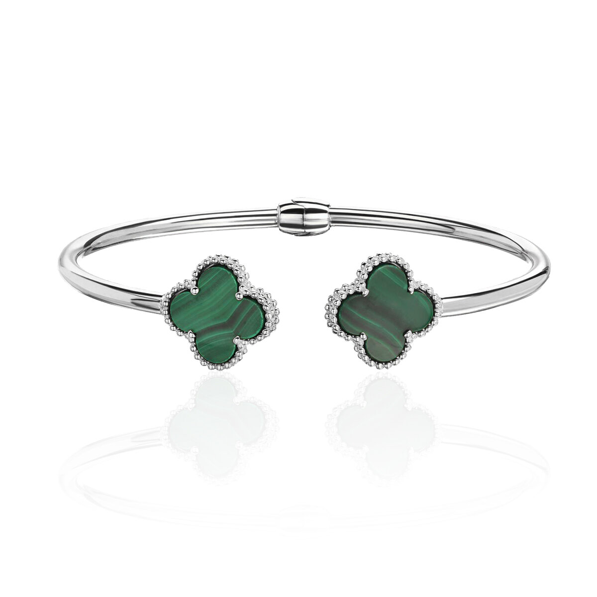 Жесткий браслет, белое золото, 585 проба, родирование, малахит