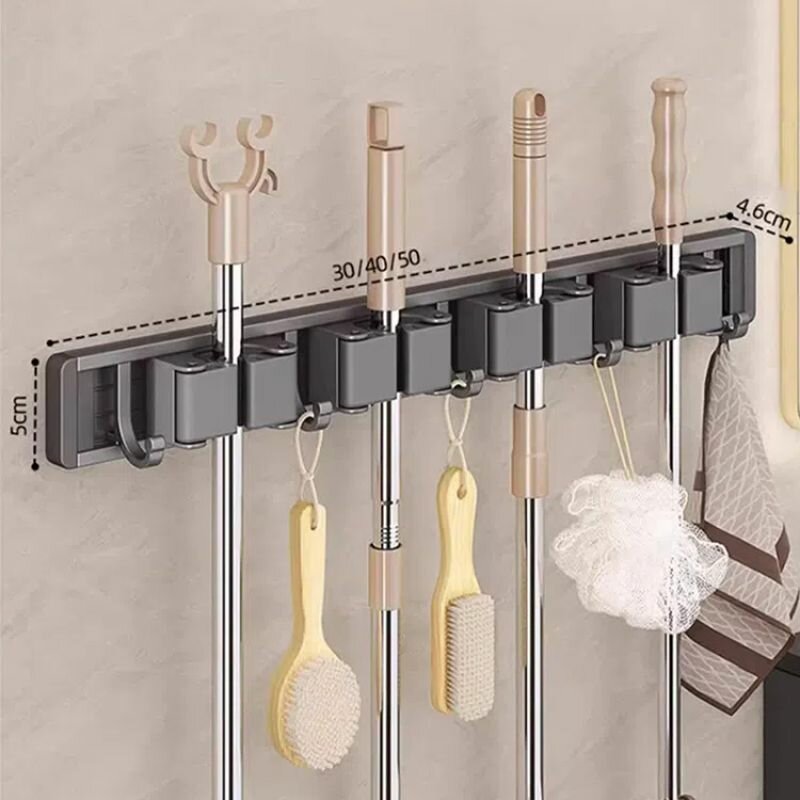 Настенный держатель для швабры и веника с 5 крючками, прочный алюминиевый органайзер для хранения метел и садовых инструментов, удобное решение для порядка в доме