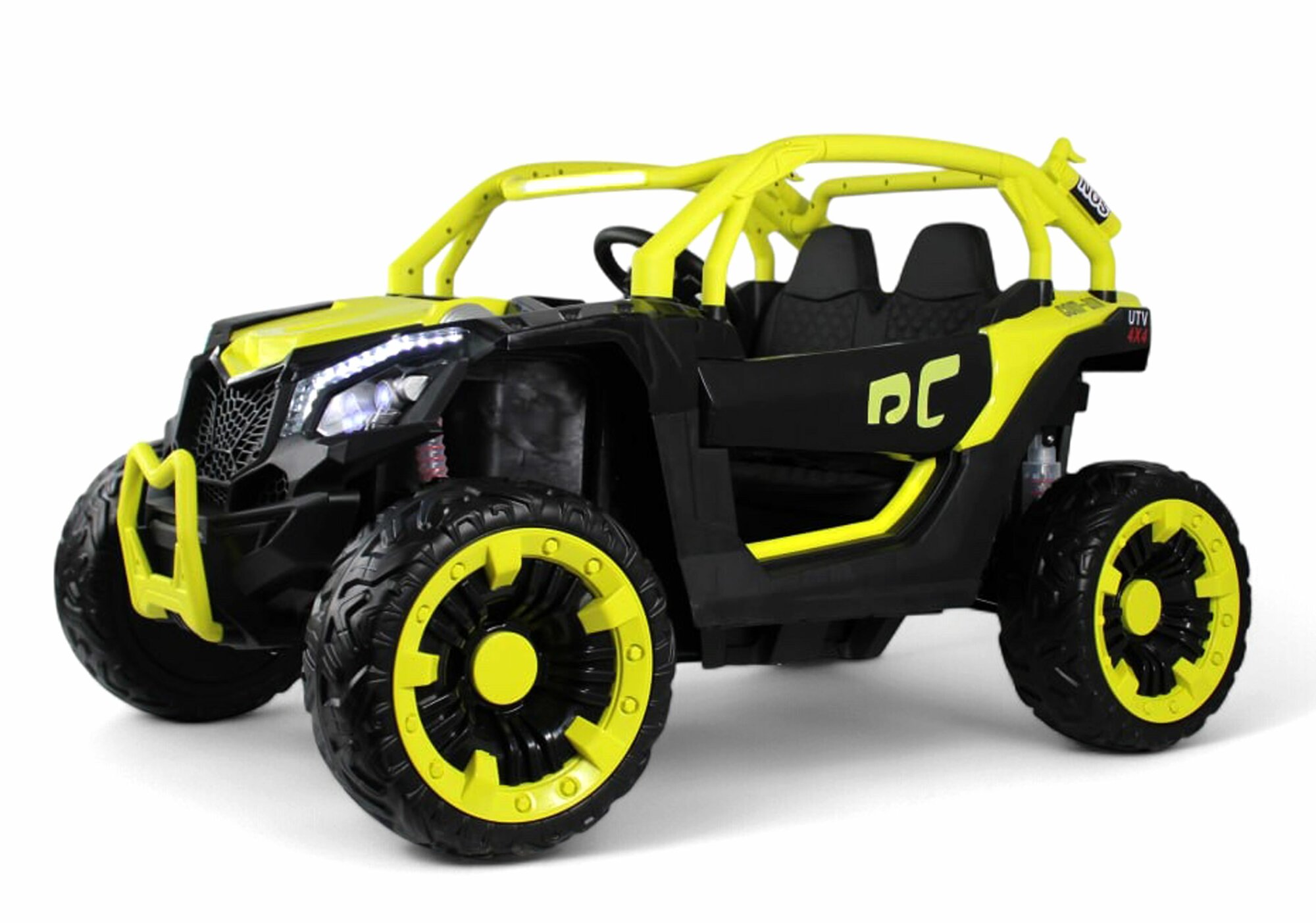 Детский электромобиль RiverToys X707XX с дистанционным управлением, полноприводный, двухместный черно-желтый