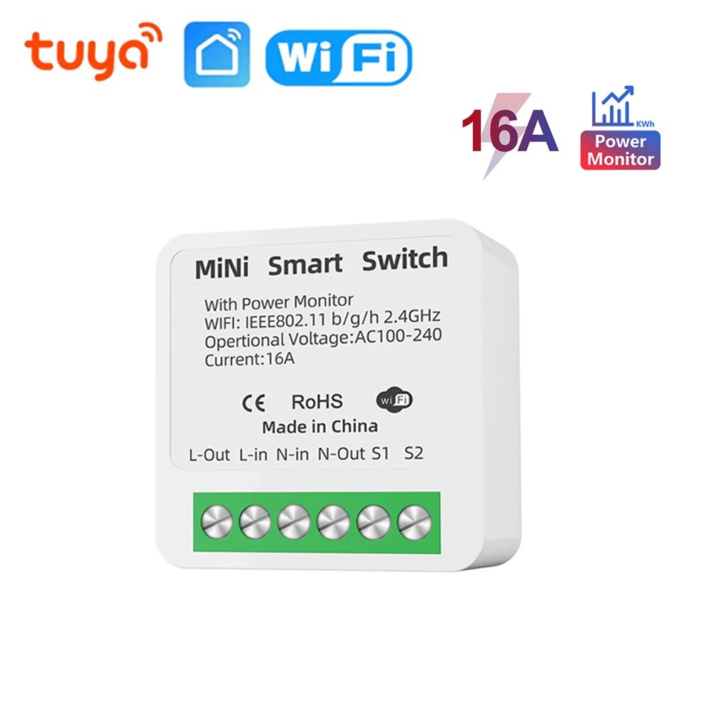 Смарт-выключатель Tuya, 16 А, Wi-Fi, двухсторонний, с монитором энергии WiFi Smart Switch