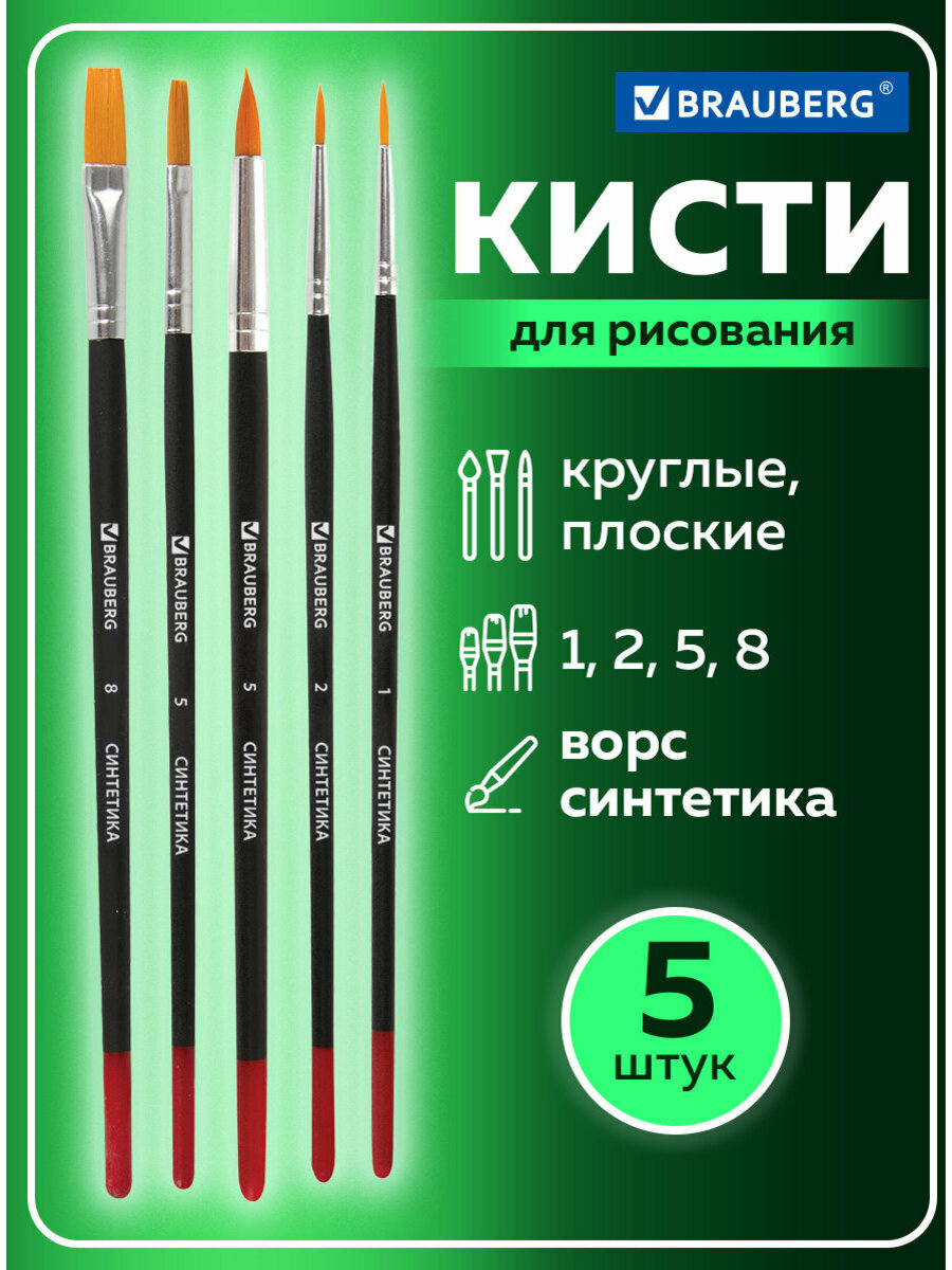 Кисти / кисточки для акварели, гуаши для рисования Brauberg, набор 5 штук (синтетика, круглые № 1, 2, 5, плоские № 5, 8), блистер, 200219