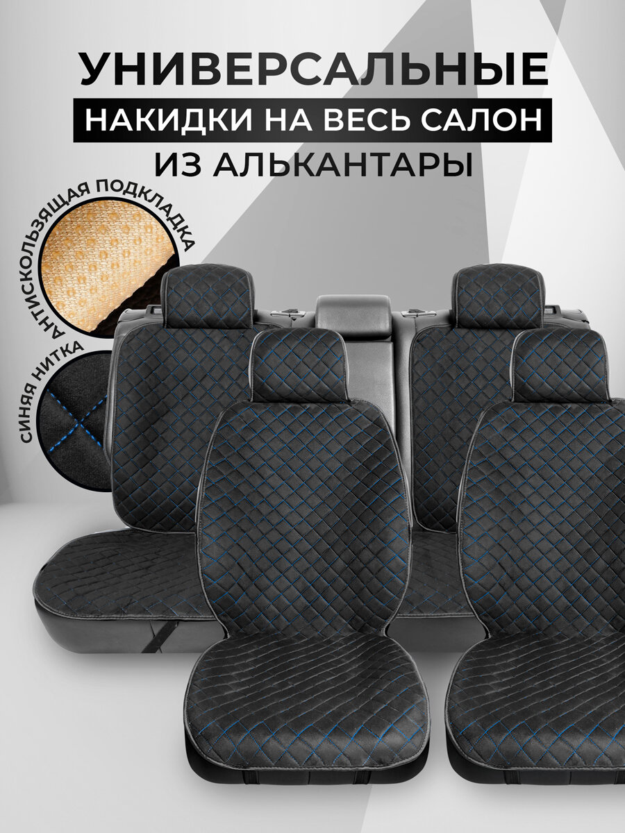 Накидки чехлы на весь салон автомобиля из алькантары Полный комплект накидок. Модель SOFIA Черный/синий