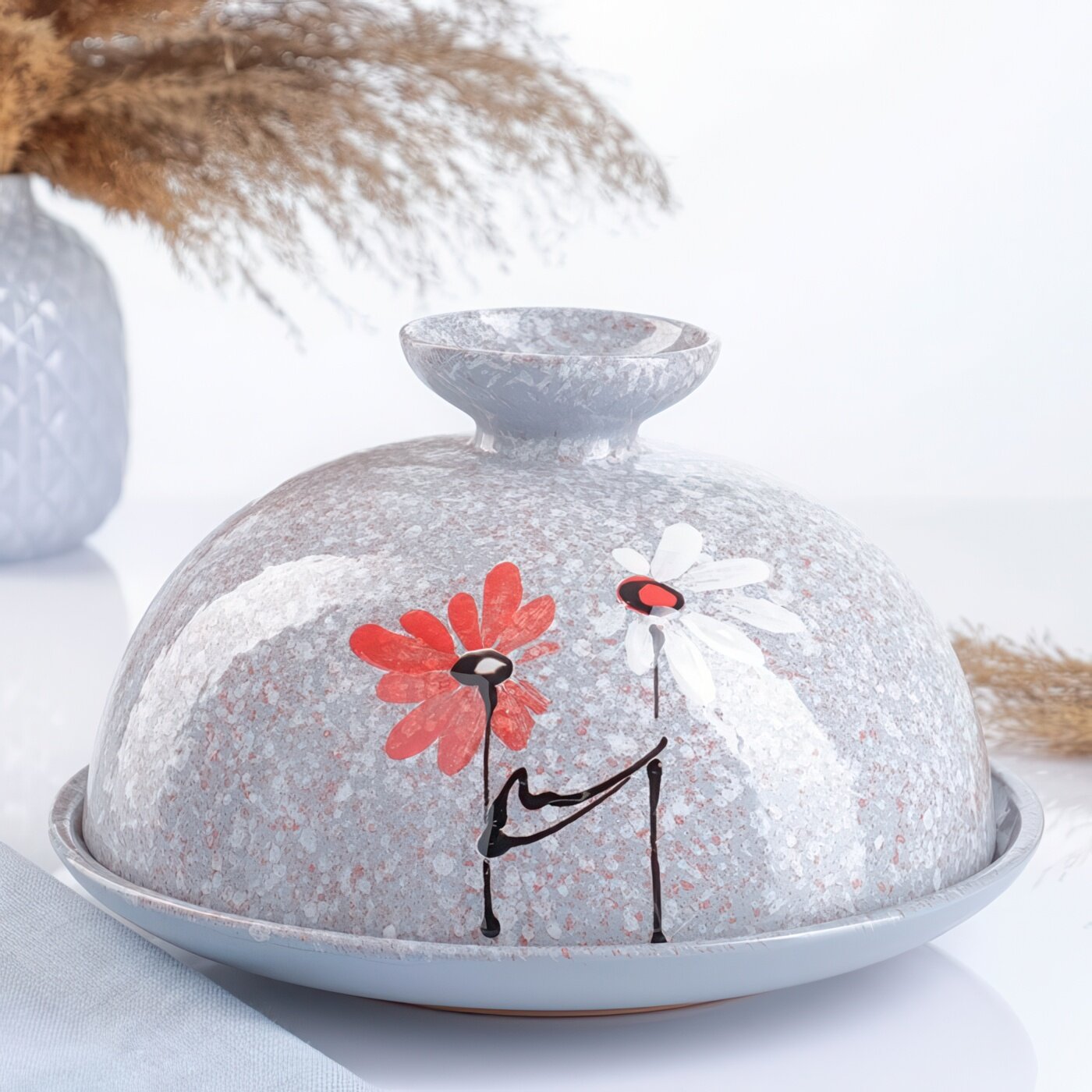 Блинница Псковский гончар «Ромашка двойная», 15×24 см, керамика, серая