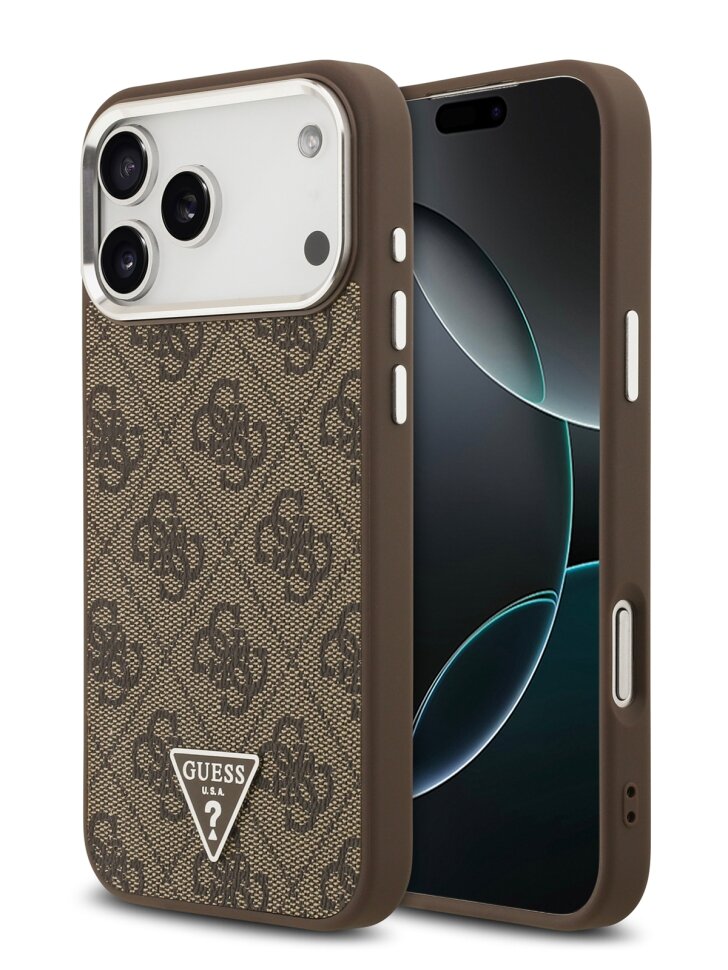Guess чехол с MagSafe для iPhone 17 Pro, PU кожа с принтом 4G, Triangle metal logo Silver camera, коричневый