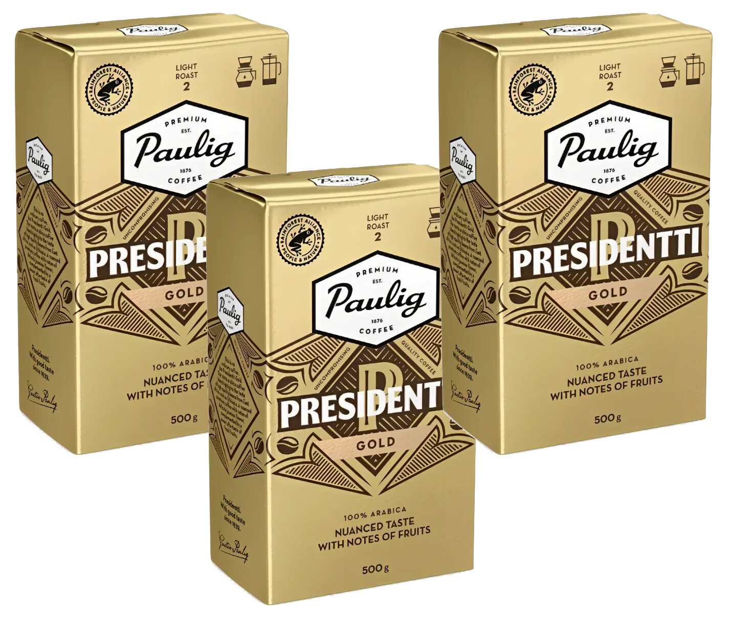 Кофе молотый Paulig Presidentti Gold №2 Light Roast арабика 100% (Финляндия) 500 гр. х 3 шт.