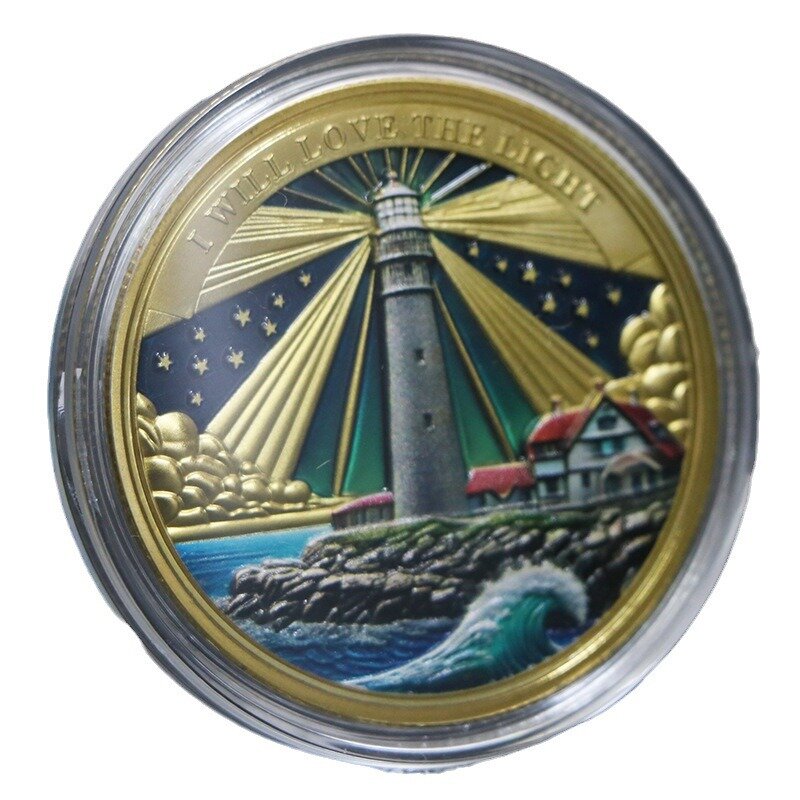 Памятная монета «Маяк», двухсторонняя железная монета с высоким рельефом, золотым и серебряным покрытием, морским побережьем и девизом «Я полюблю свет», коллекционная морская монета диаметром 4 см для демонстрации