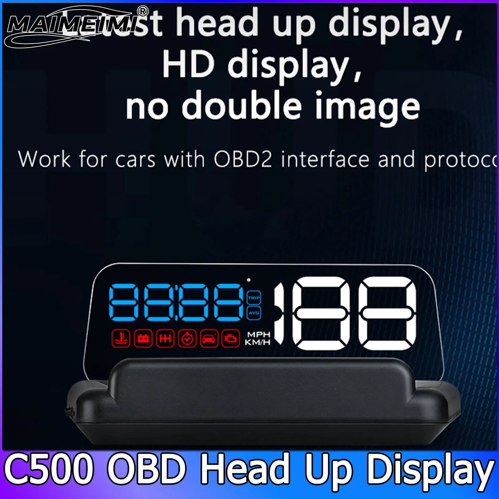 C500 OBD2 HUD с зеркальной проекцией, цифровой проекционный дисплей, скорость автомобиля, KM/H, MPH-проектор, бортовой компьютер, пробег топлива, об/мин