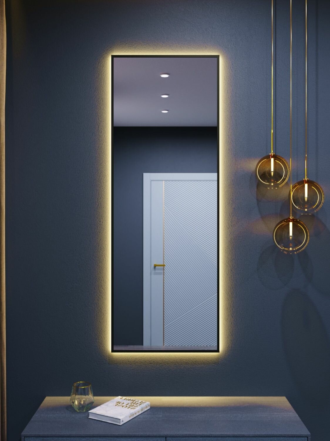 Зеркало в ванную 120х40 см. черное с подсветкой. Свет: Теплый белый 3000К. В алюминиевой раме настенное MOONRISE