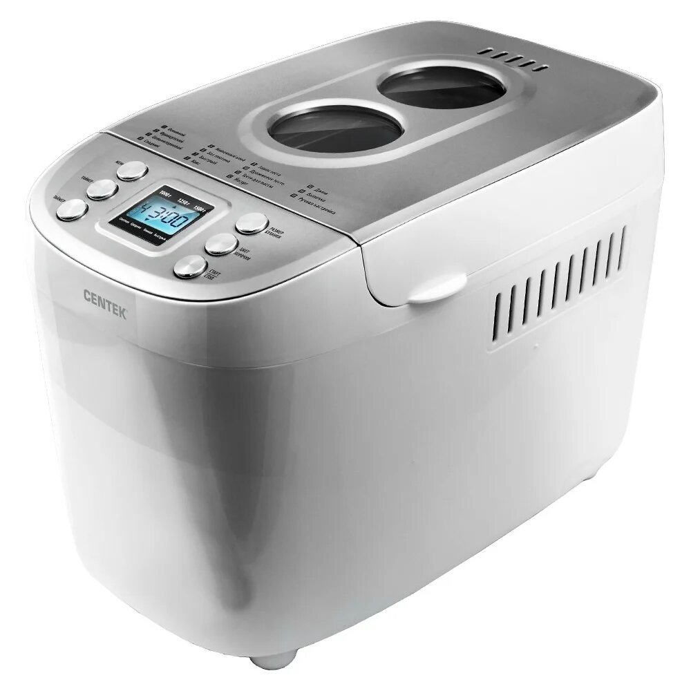 Centek Хлебопечка (бел/сталь) 1500 г большой объём, 860Вт, 15 программ, таймер, LCD, окошко CT-1415