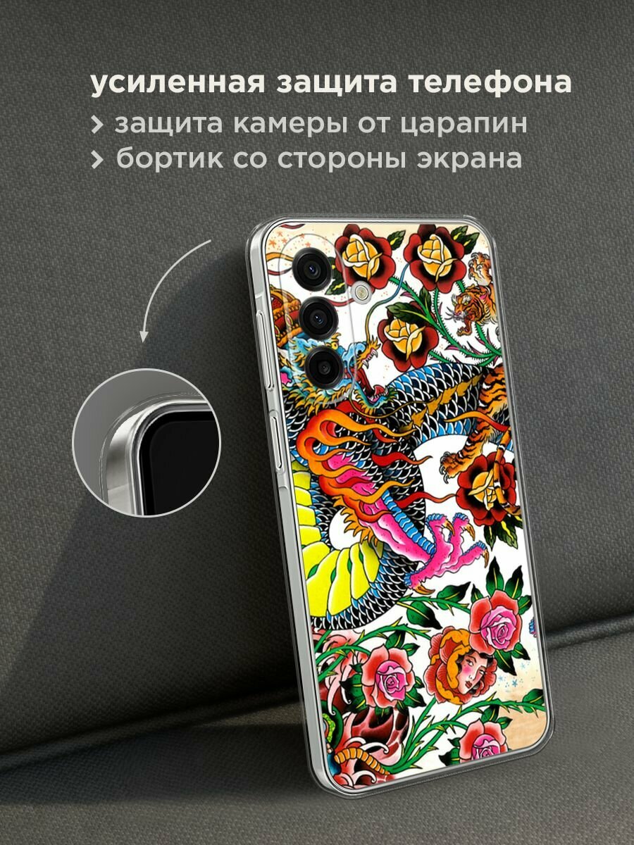 Чехол на Samsung Galaxy A17 / Самсунг А17 с принтом "Дракон в цветах" — фото 1