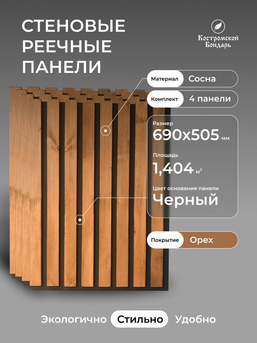 Стеновые панели реечные, натуральное дерево, рейки из сосны с окраской - орех на черном 690х505 - 4шт